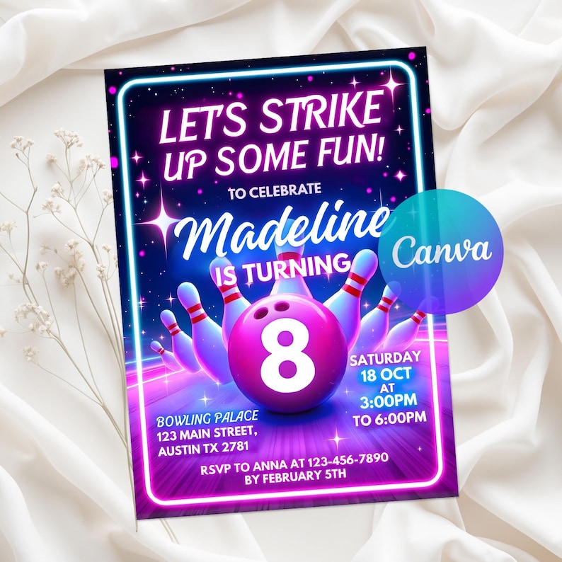 Girls Bowling Birthday Party Invitation, Let's Strike up Some Fun, Pink ...
