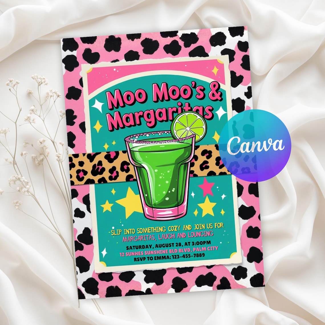 Moo Moos & Margaritas Girls Night Party Invitation, Leopard Print ...