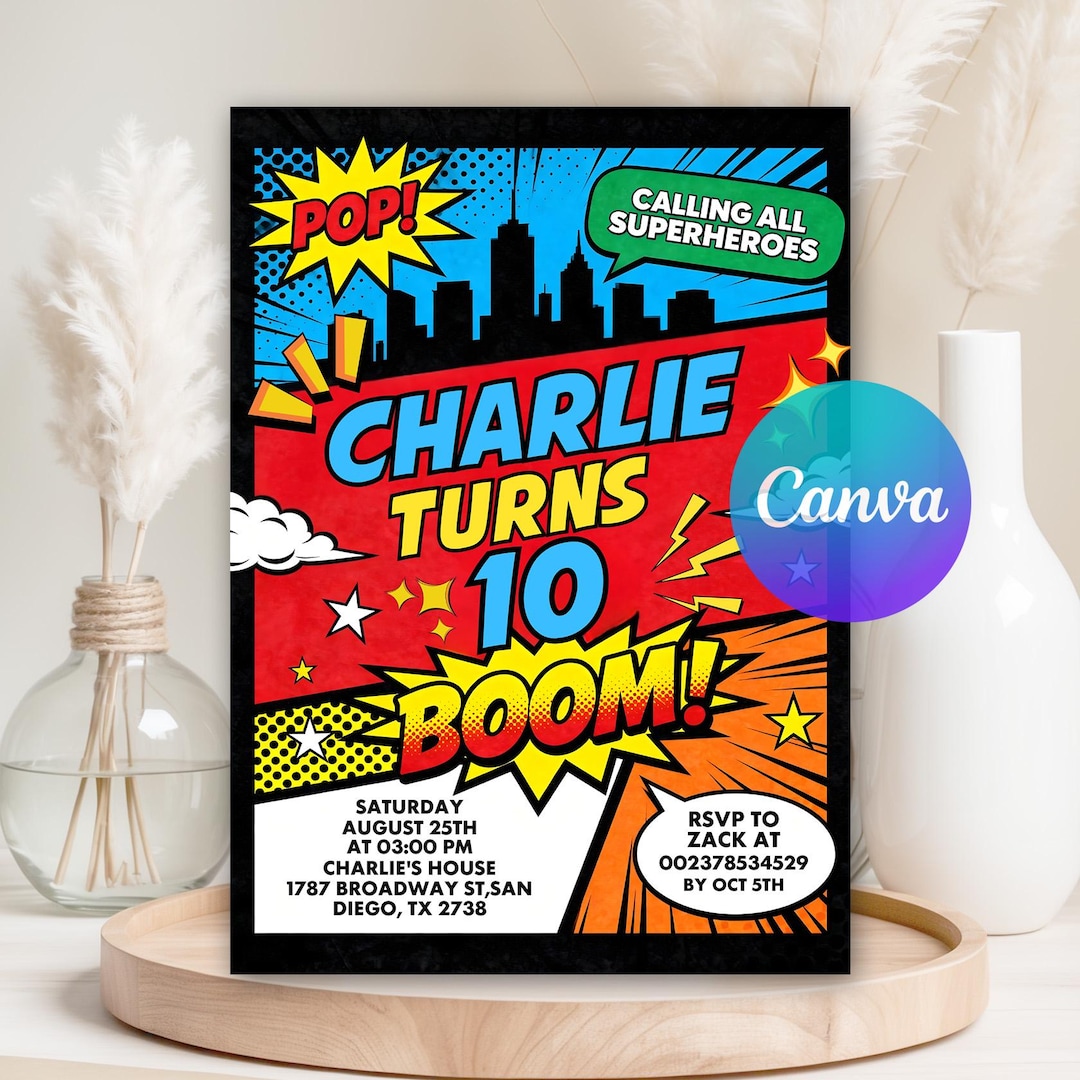 Editable Superhero Birthday Invitation, Comic Book Birthday Invitation ...