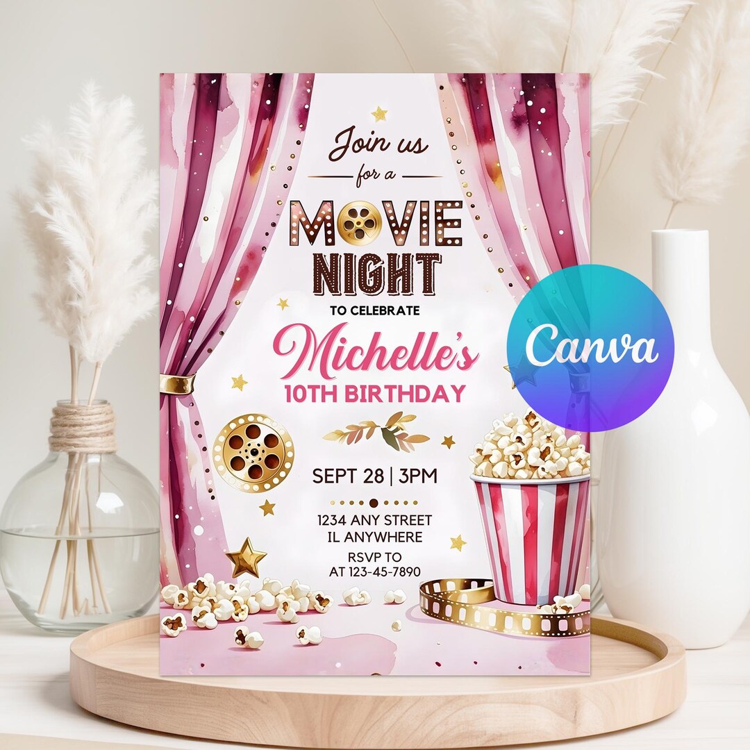 Pink Movie Night Birthday Invitation, Cinema Party Invite, Girls Movie ...