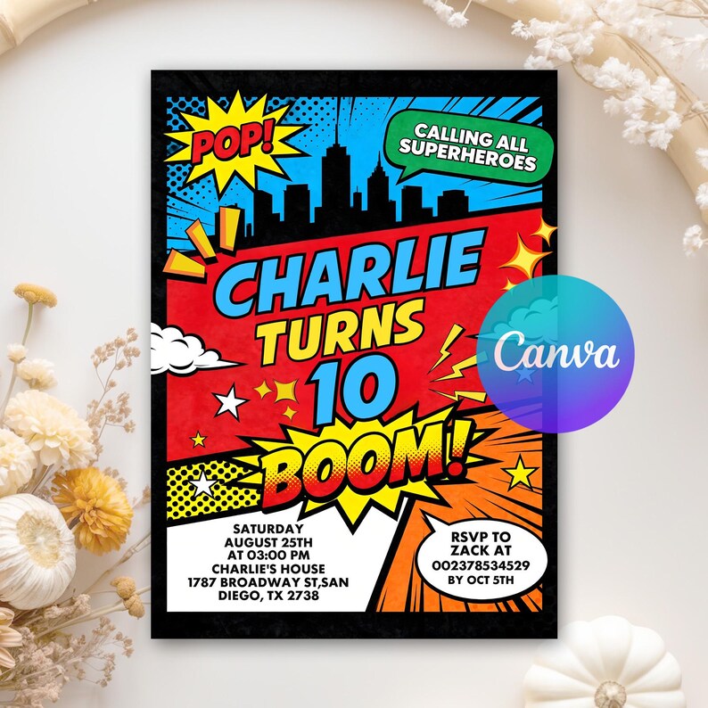 Editable Superhero Birthday Invitation, Comic Book Birthday Invitation ...