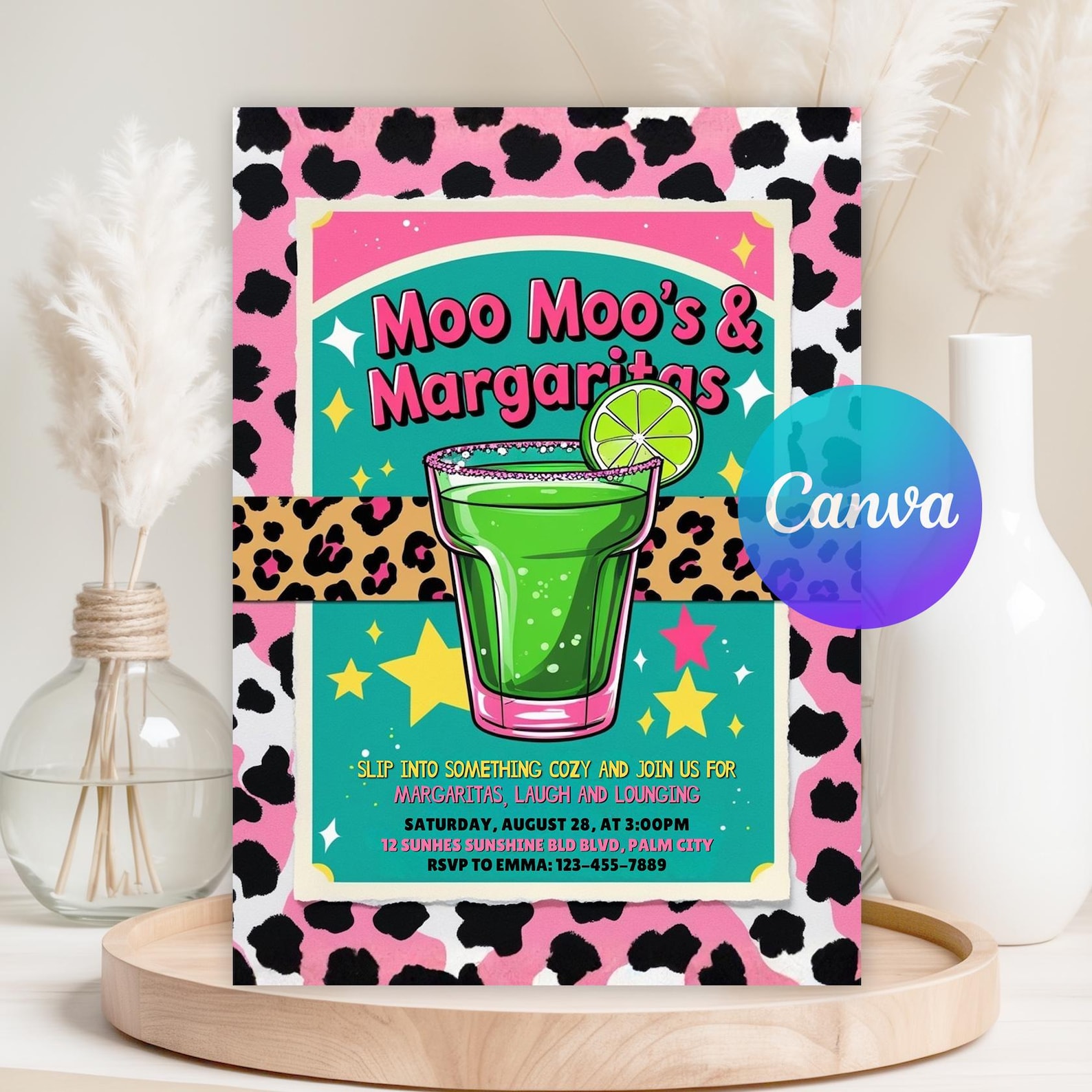 Moo Moos & Margaritas Girls Night Party Invitation, Leopard Print ...