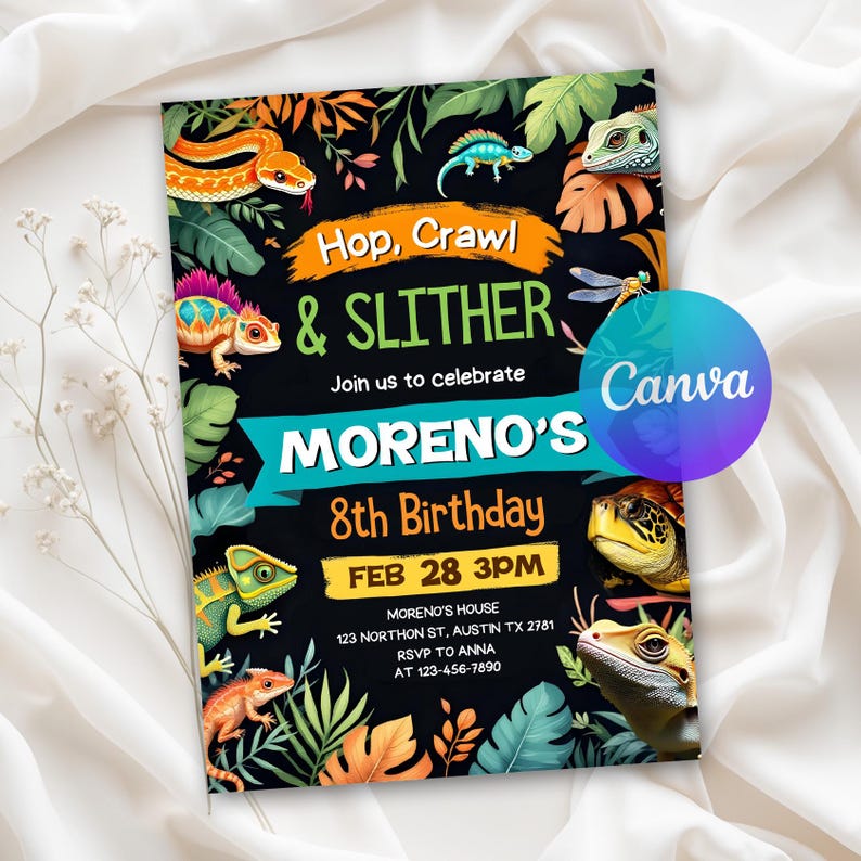 Editable Reptile Birthday Invitation Boy, Lizard Birthday Invite ...