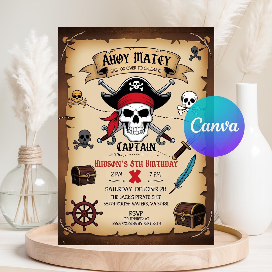 Editable Pirate Map Birthday Invitation, Kids Pirate Party Invite, Ahoy ...