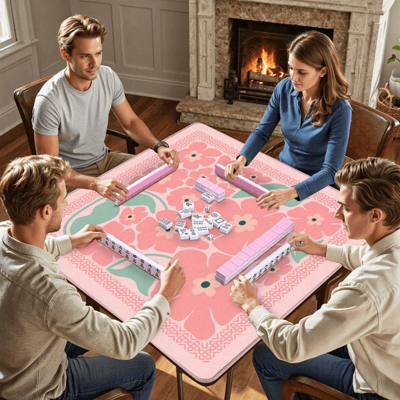 Pink Floral Mahjong Mat, Retro Flower Game Mat, Cottagecore Table Cover ...