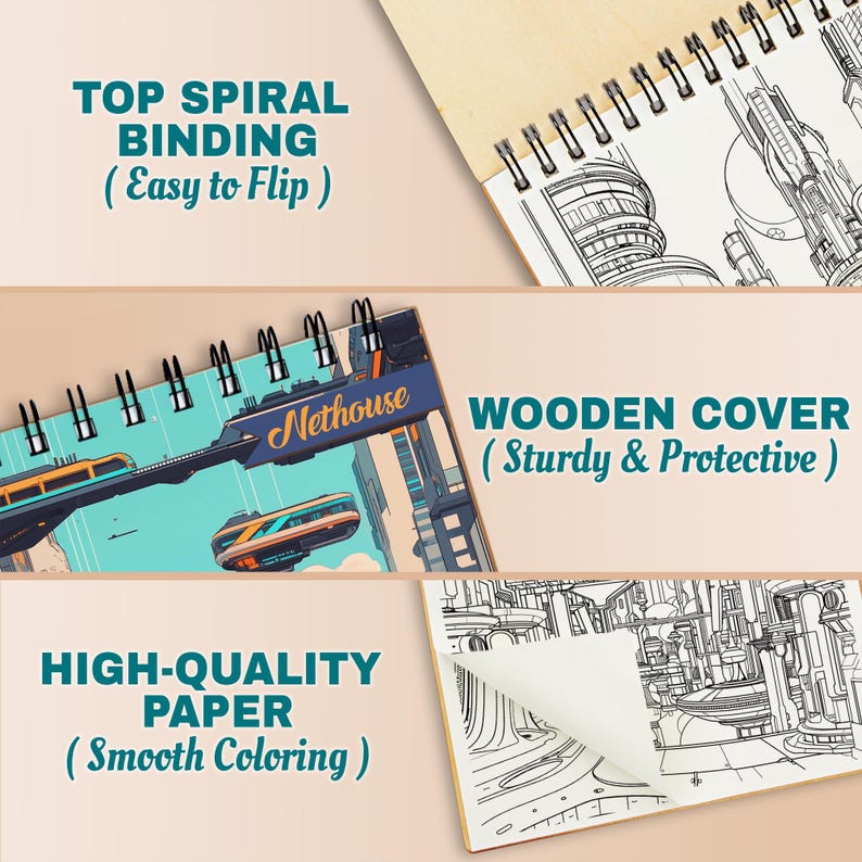 Futuristic City Coloring Book – Handmade Wooden Cover or Paper Cover ...