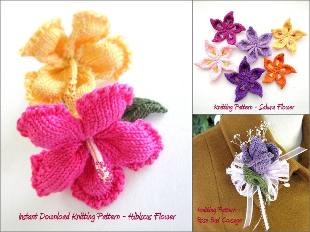 PDF Knitting Pattern Set - Hibiscus, Sakura, Rose Bud Corsage ...