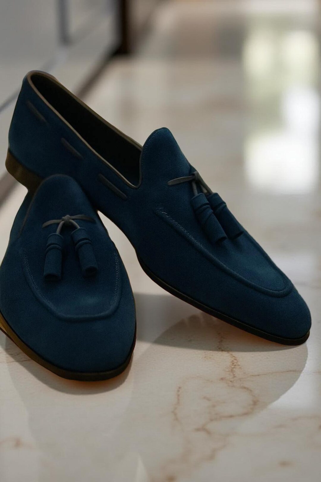 Handmade Men Blue Color Suede Office Moccasins for Mens, Tassels Shoes ...