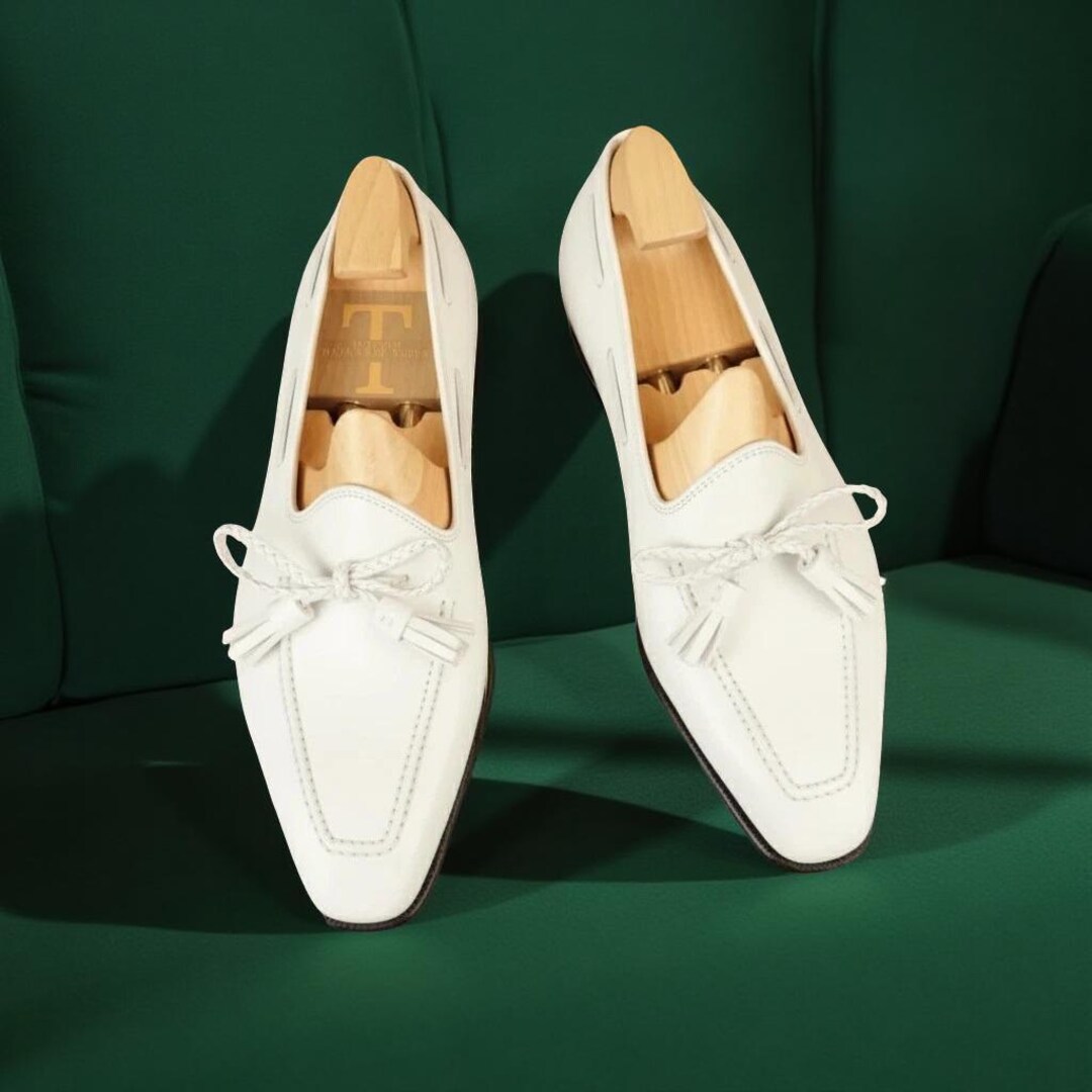 Buy Bespoke Shoes Men White Color Pure Leather Loafer Handmade Tassels ...