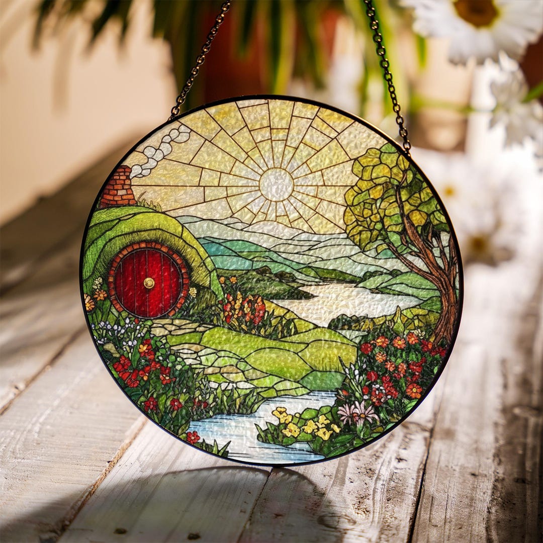 The Shire Stained Glass Suncatcher, Fantasy Scenery Window Decor, House ...