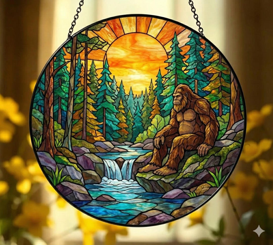 Bigfoot Stained Glass Window Suncatcher, Sasquatch Forest Art Panel ...