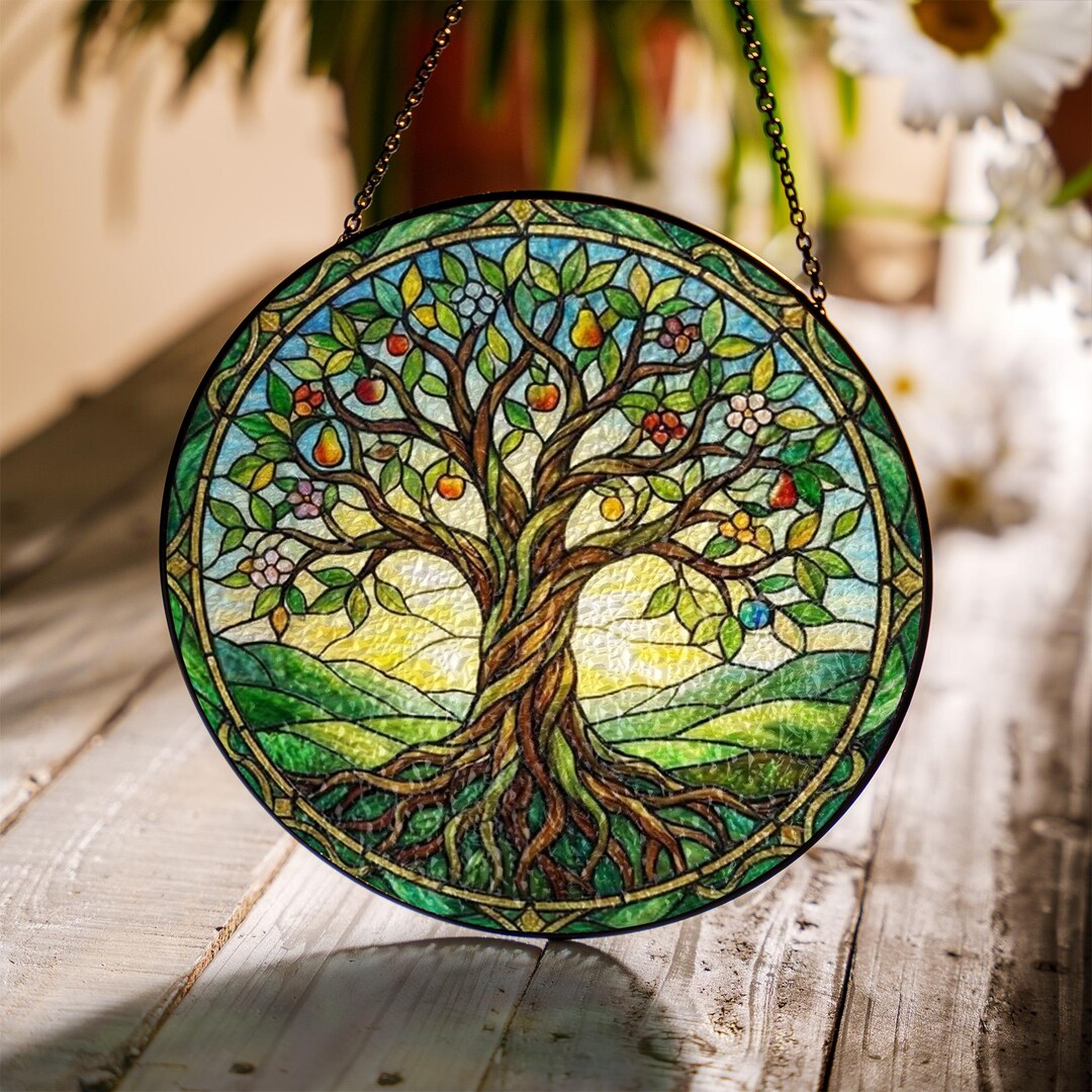 Stained Glass Apple Tree Suncatcher, Harvest Orchard Window Hanging ...