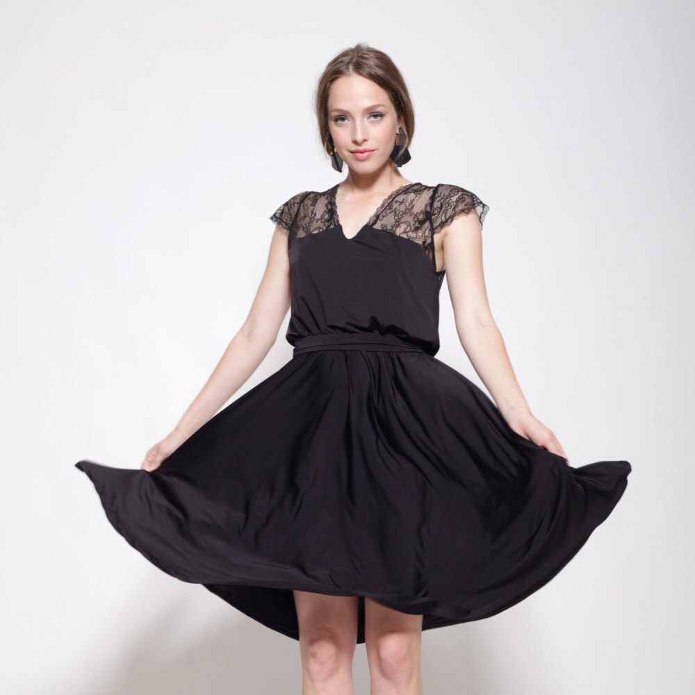 Black dress knee length lace at the top and sleeves bell | Etsy