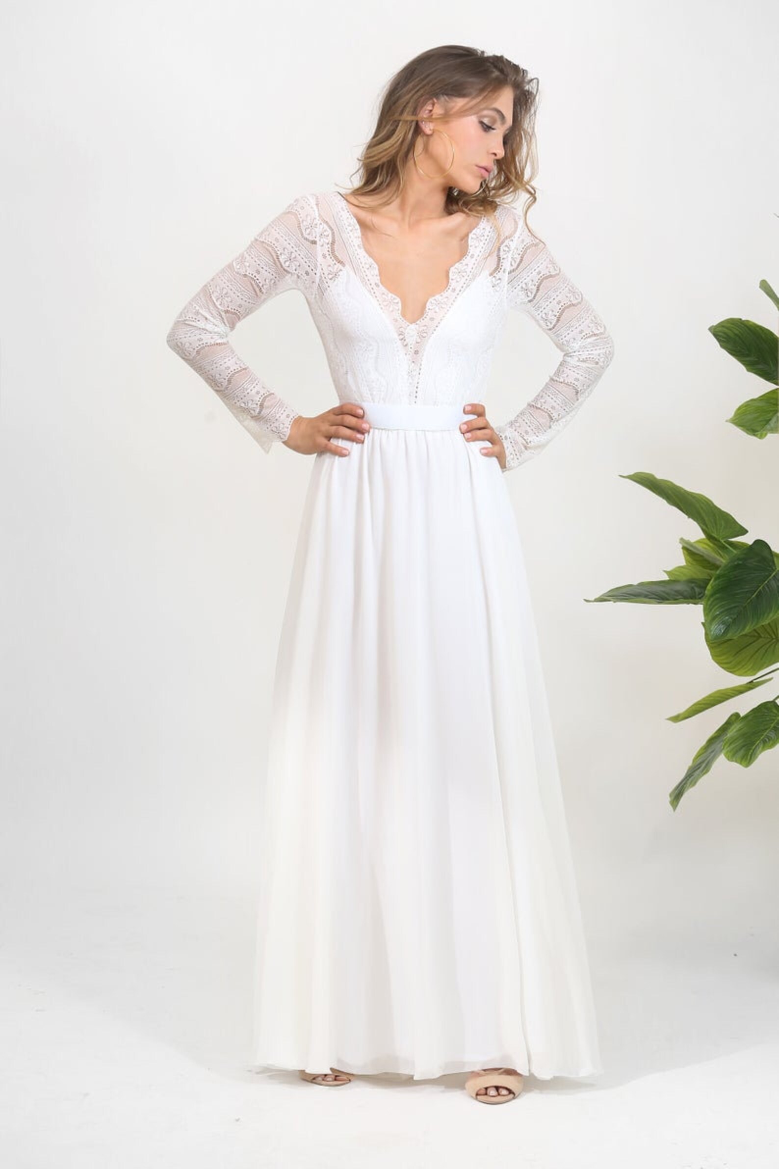 Wedding dress lace boho wedding dress with long lace sleeves | Etsy