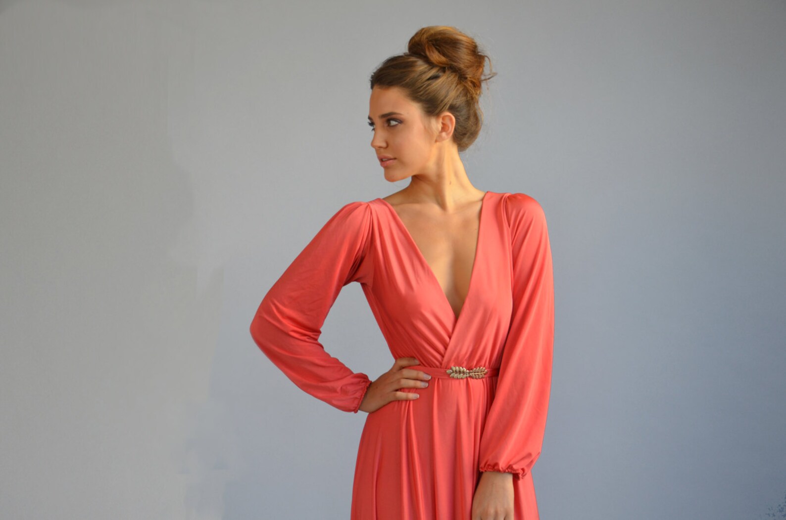 Pink evening dress floor length bell shape dress golden | Etsy