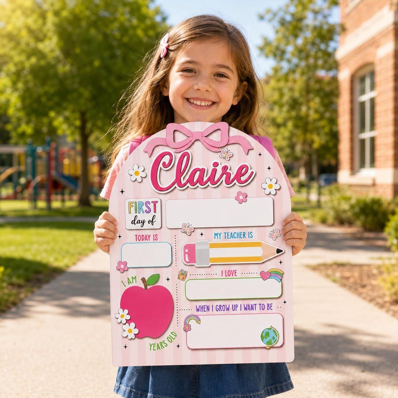 Personalized First & Last Day of School Sign Girl, Pink Back to School ...