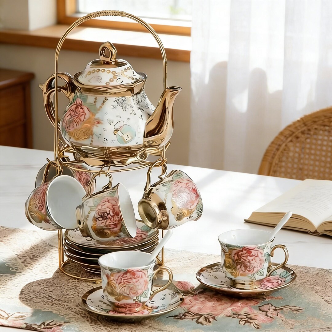 Multi Gold Tea Set 20 Piece Teapot 3 Oz Cups Saucers Stainless Steel ...