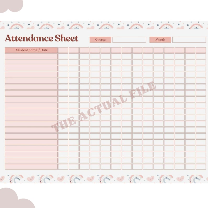 Attendance Record Sheet A4 – Pink Rainbow Retro Printable Worksheet ...