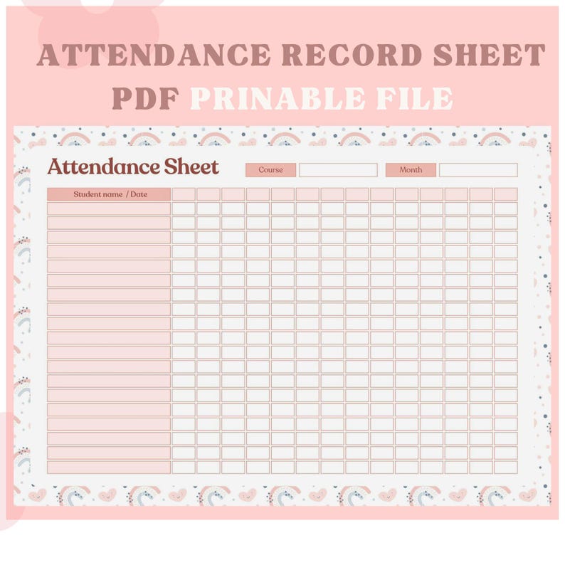 Attendance Record Sheet A4 – Pink Rainbow Retro Printable Worksheet ...