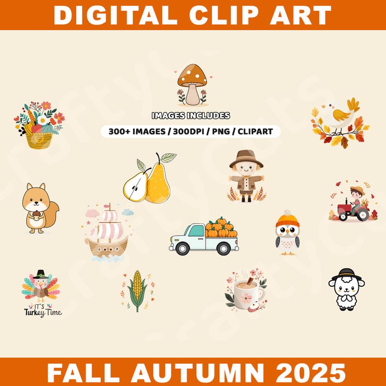Fall Autumn Clipart Bundle 300+ PNG | Thanksgiving Pumpkin Leaves ...