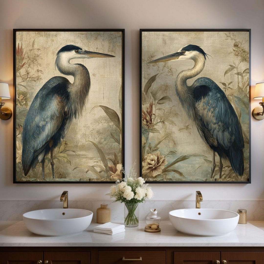 Set of 2 Heron Prints, Coastal Botanical Artwork, Serene Spa Bathroom ...