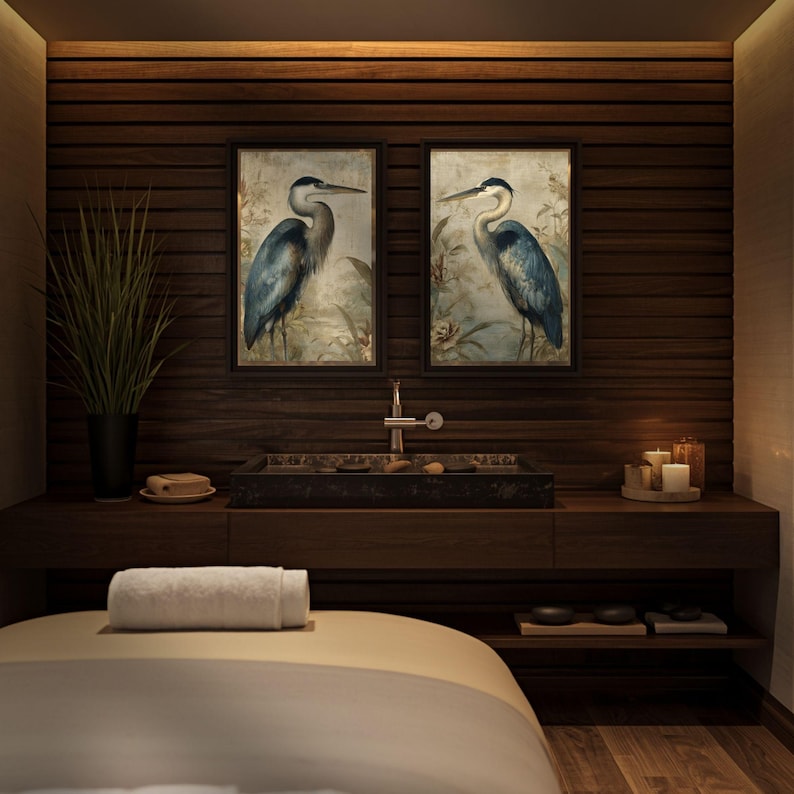 Set of 2 Heron Prints, Coastal Botanical Artwork, Serene Spa Bathroom ...