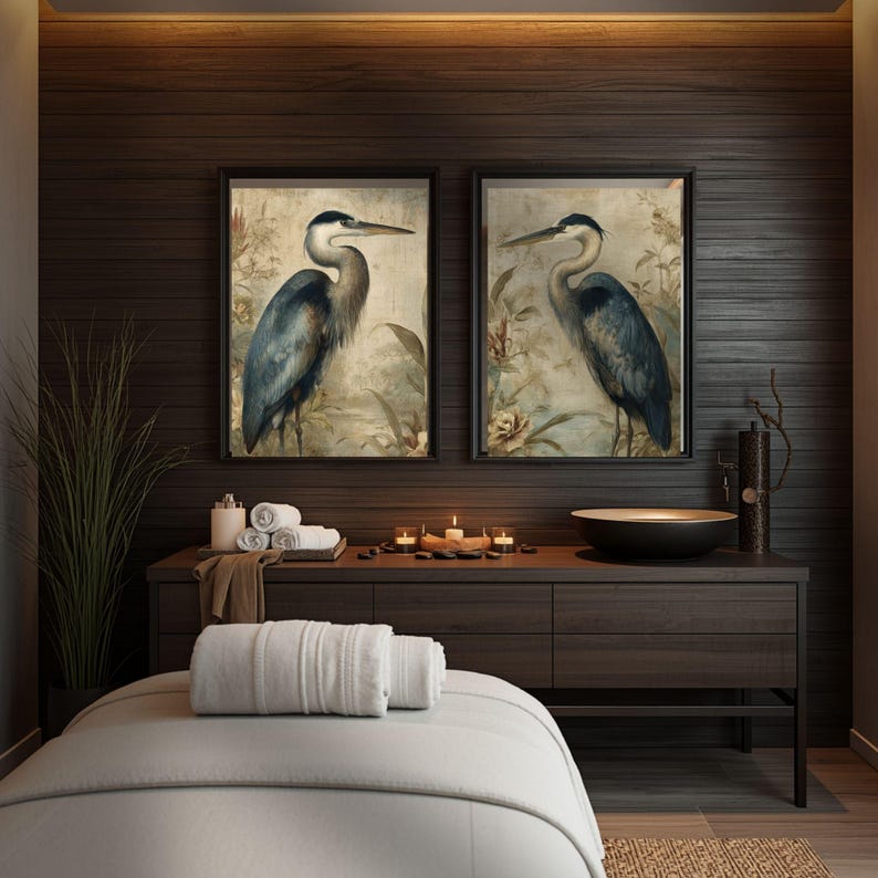 Set of 2 Heron Prints, Coastal Botanical Artwork, Serene Spa Bathroom ...