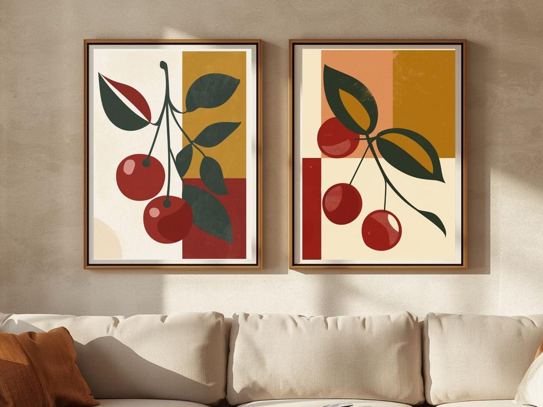 Set of 2 Kitchen Cherry Prints | Mid Century Modern Kitchen Wall Art - Etsy