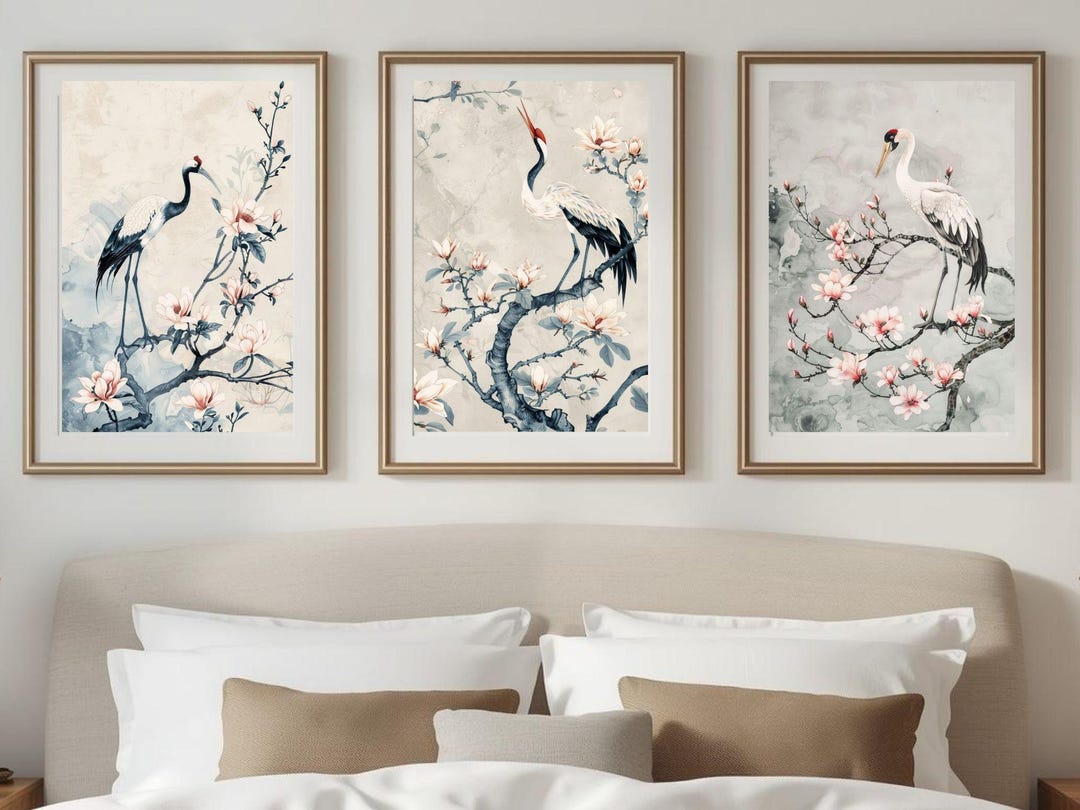 Chinoiserie Bird Floral Triptych Wall Art, Zen Wabi Sabi Bedroom Decor ...
