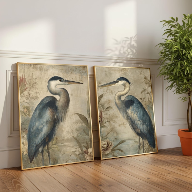 Set of 2 Heron Prints, Coastal Botanical Artwork, Serene Spa Bathroom ...
