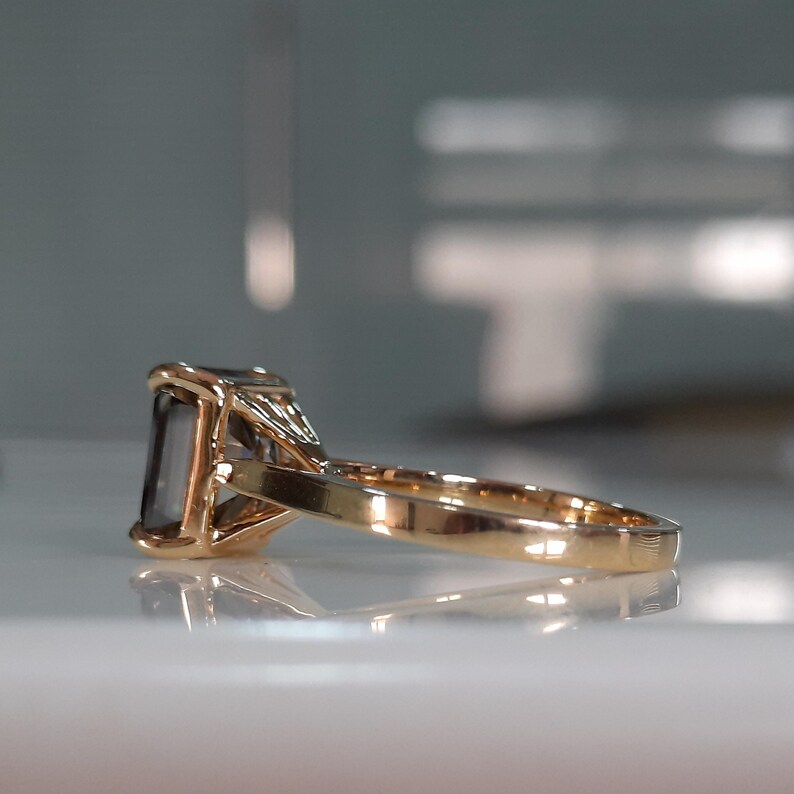 Grey Asscher Cut Moissanite Solitaire Ring, 14KT Yellow Gold Basket Set ...