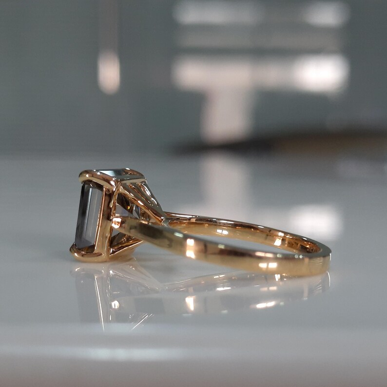 Grey Asscher Cut Moissanite Solitaire Ring, 14KT Yellow Gold Basket Set ...