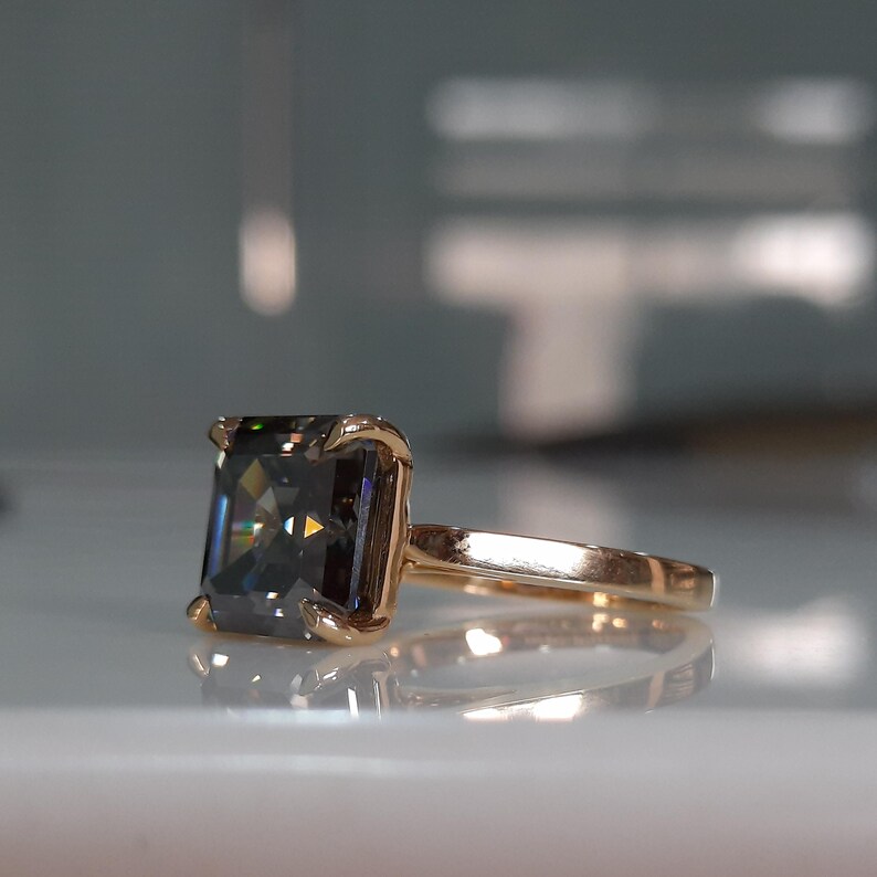 Grey Asscher Cut Moissanite Solitaire Ring, 14KT Yellow Gold Basket Set ...