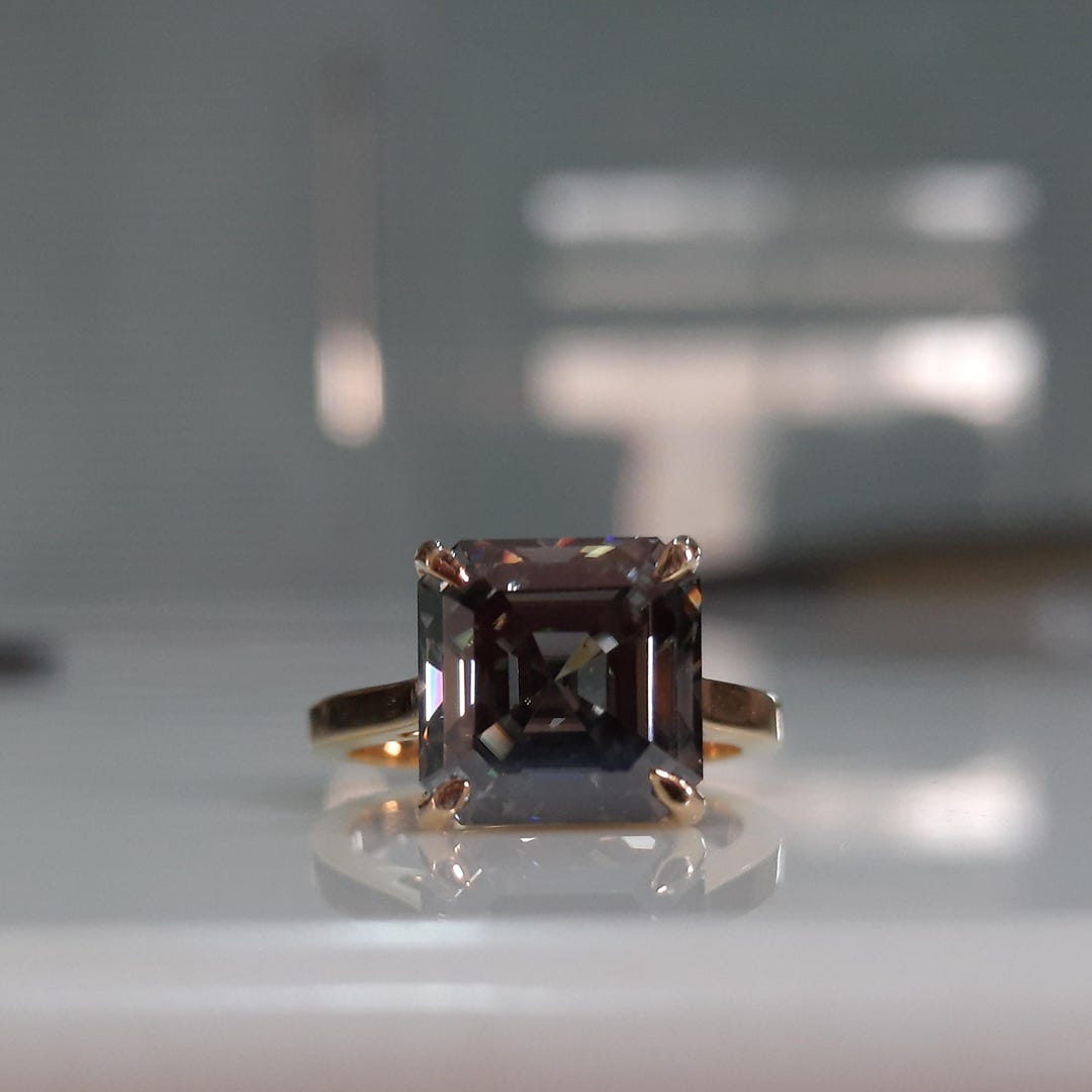 Grey Asscher Cut Moissanite Solitaire Ring, 14KT Yellow Gold Basket Set ...