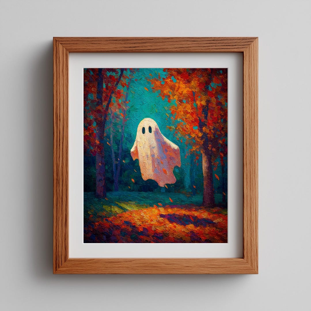 Halloween Ghost in Forest Wall Art Printable, Spooky Night Scene ...