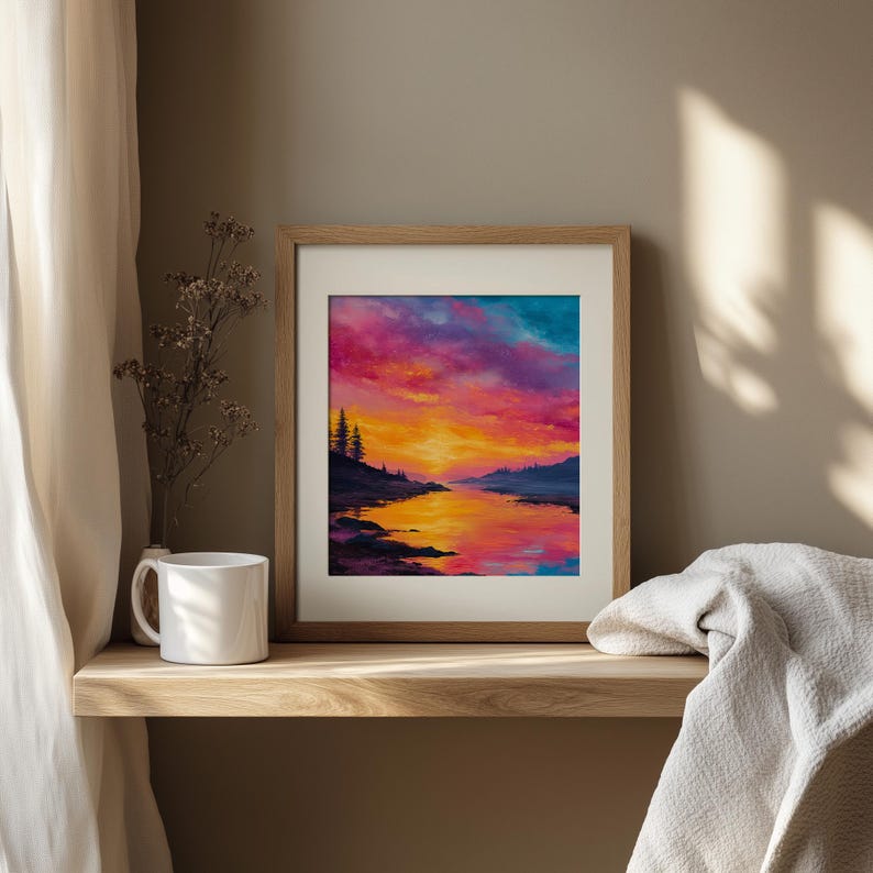 Colorful Sunset Forest Scene Printable, Acrylic Landscape Painting With ...