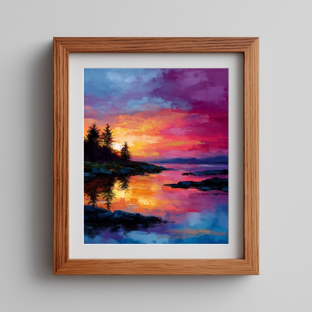 Forest and Lake Sunset Scene Printable, Warm Acrylic Landscape Painting ...