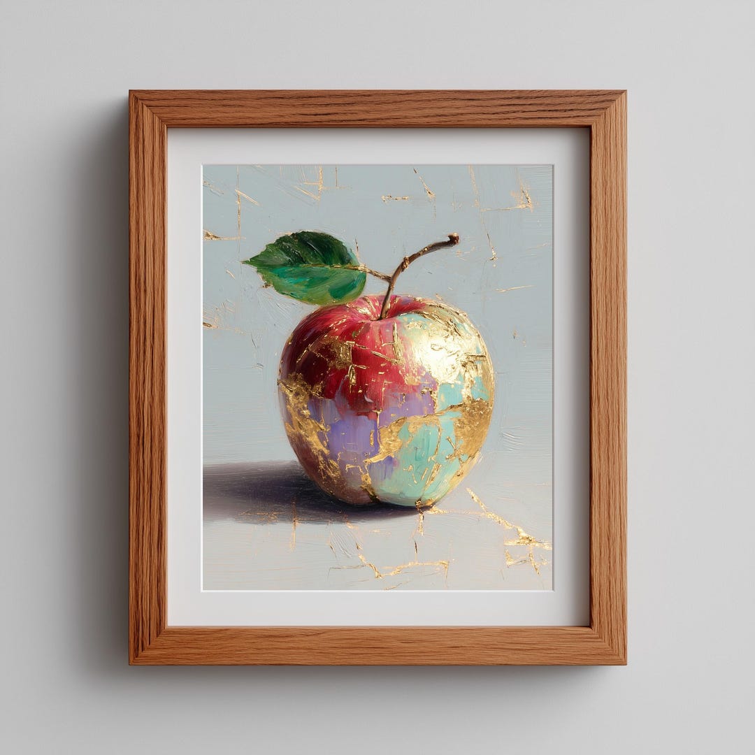 Gold Leaf Apple Wall Art Printable, Whimsical Artistic Fruit Painting ...