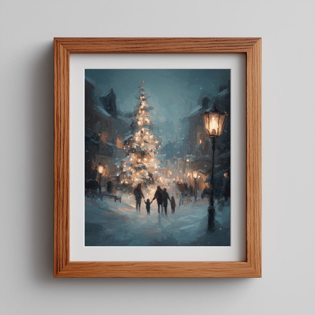 Warm Christmas Street Scene Printable, Impressionist Snowy Village ...