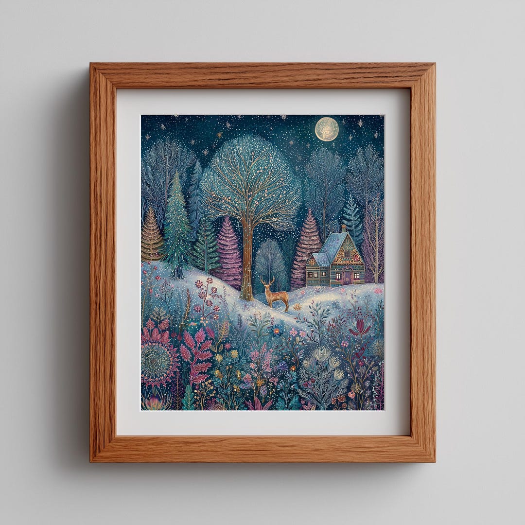 Happy Winter Solstice Wall Art Printable, Enchanted Cottagecore Forest ...