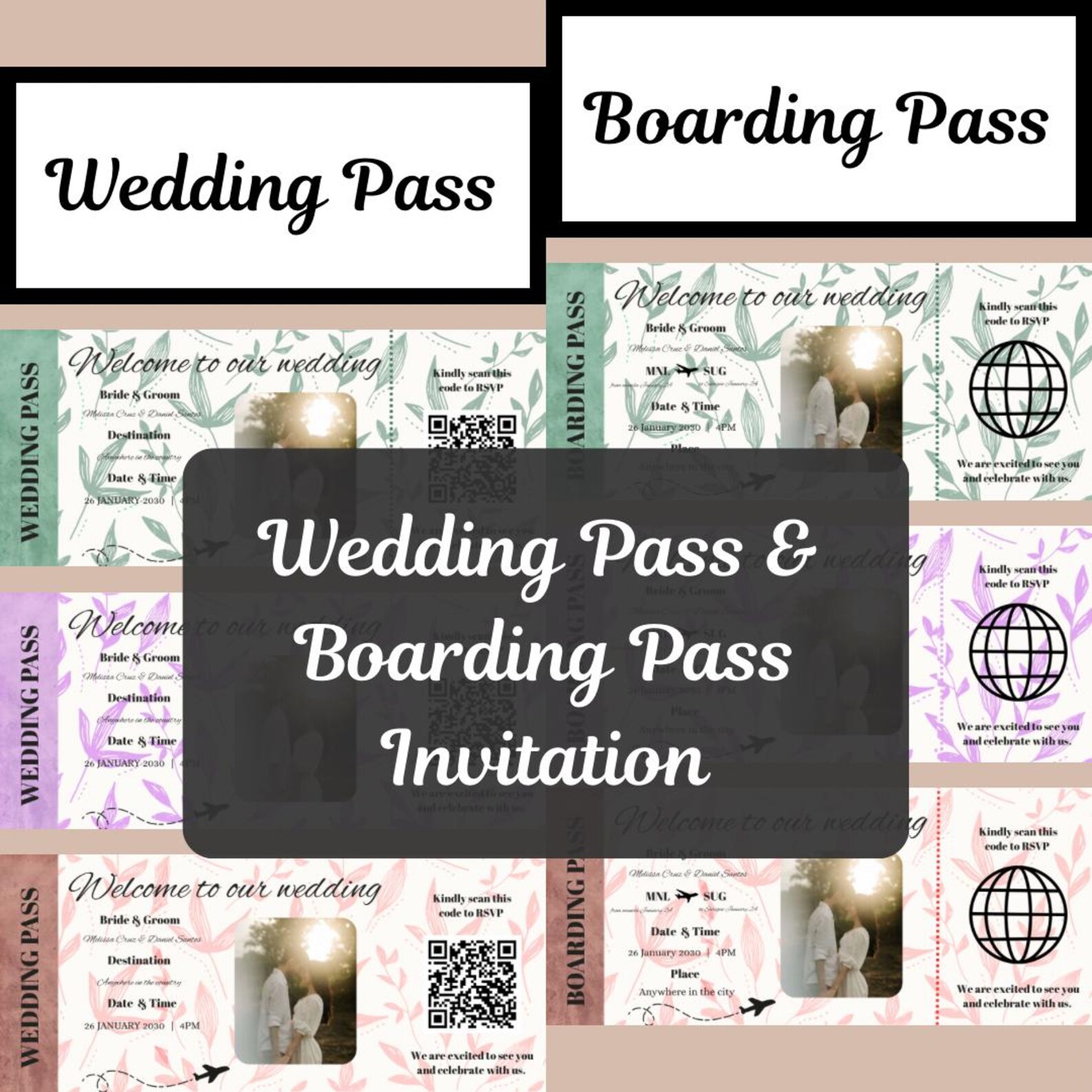 Wedding Boarding Pass Invitation | Editable Canva Template | Digital ...