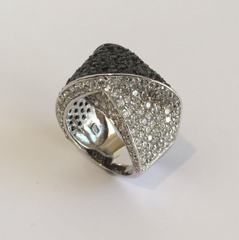Sterling Silver Black and White Pave Estate Ring Pave Ring Wide Band ...