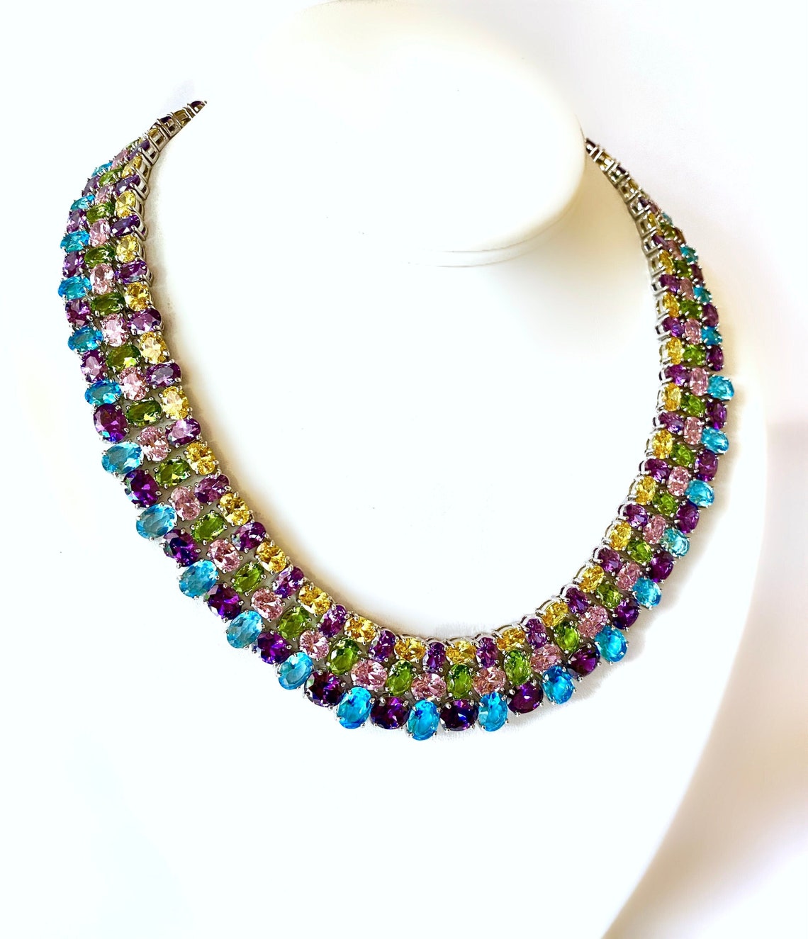 Multi Color Gemstone Formal Necklace Silver Multi Stone Estate Necklace ...