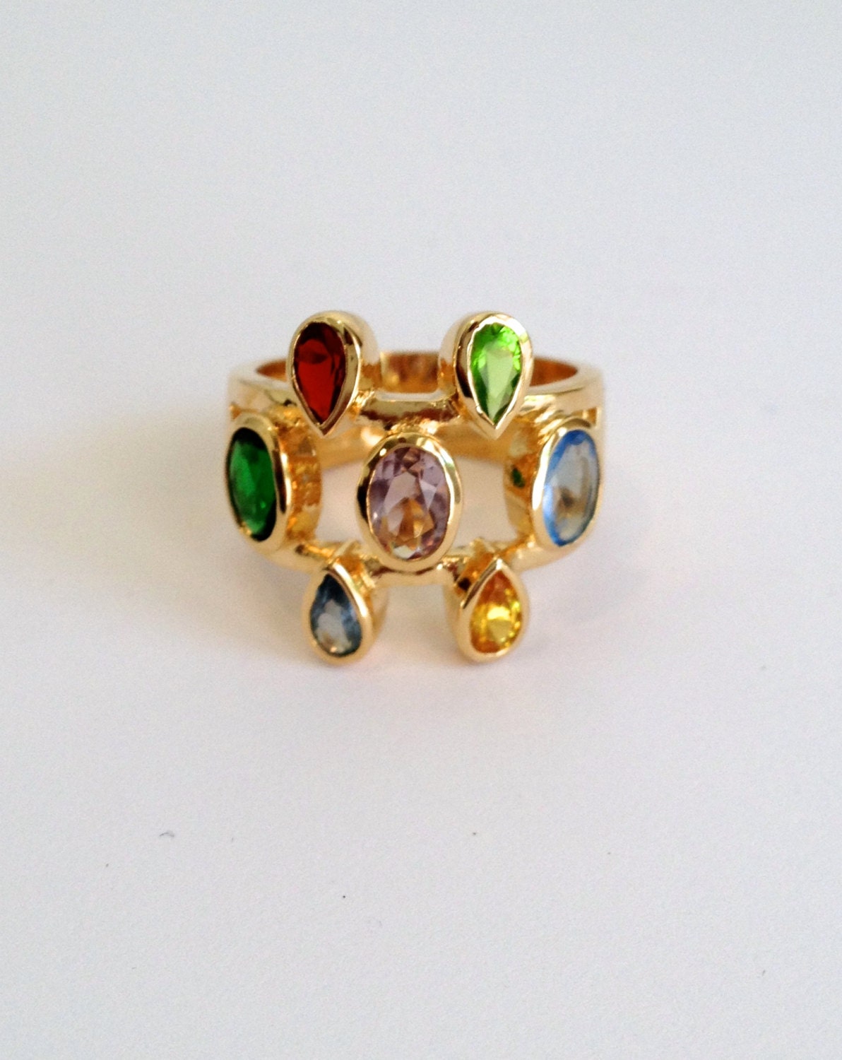 Multicolor 7 Stone Ring Pear Cut Bezel Set Ring Red Stone Blue Stone ...