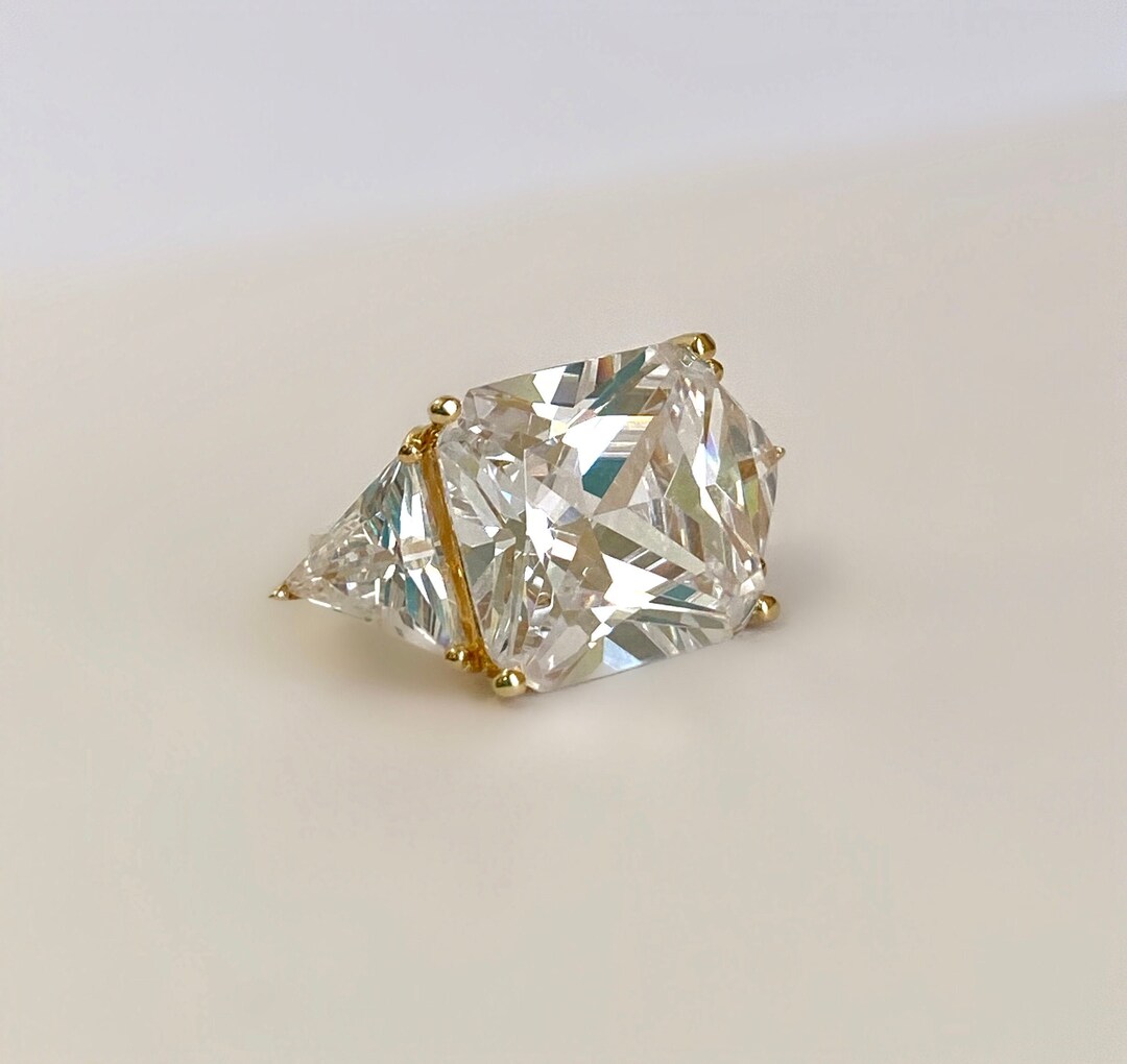 Gold Vermeil 3 Stone Estate Ring Large Stone Cocktail Ring White Stone ...