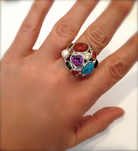 Multi Gemstone Estate Ring Multicolor Cluster Ring Tu… - Gem