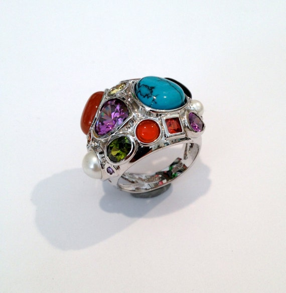 Multi Gemstone Estate Ring Multicolor Cluster Ring Tu… - Gem
