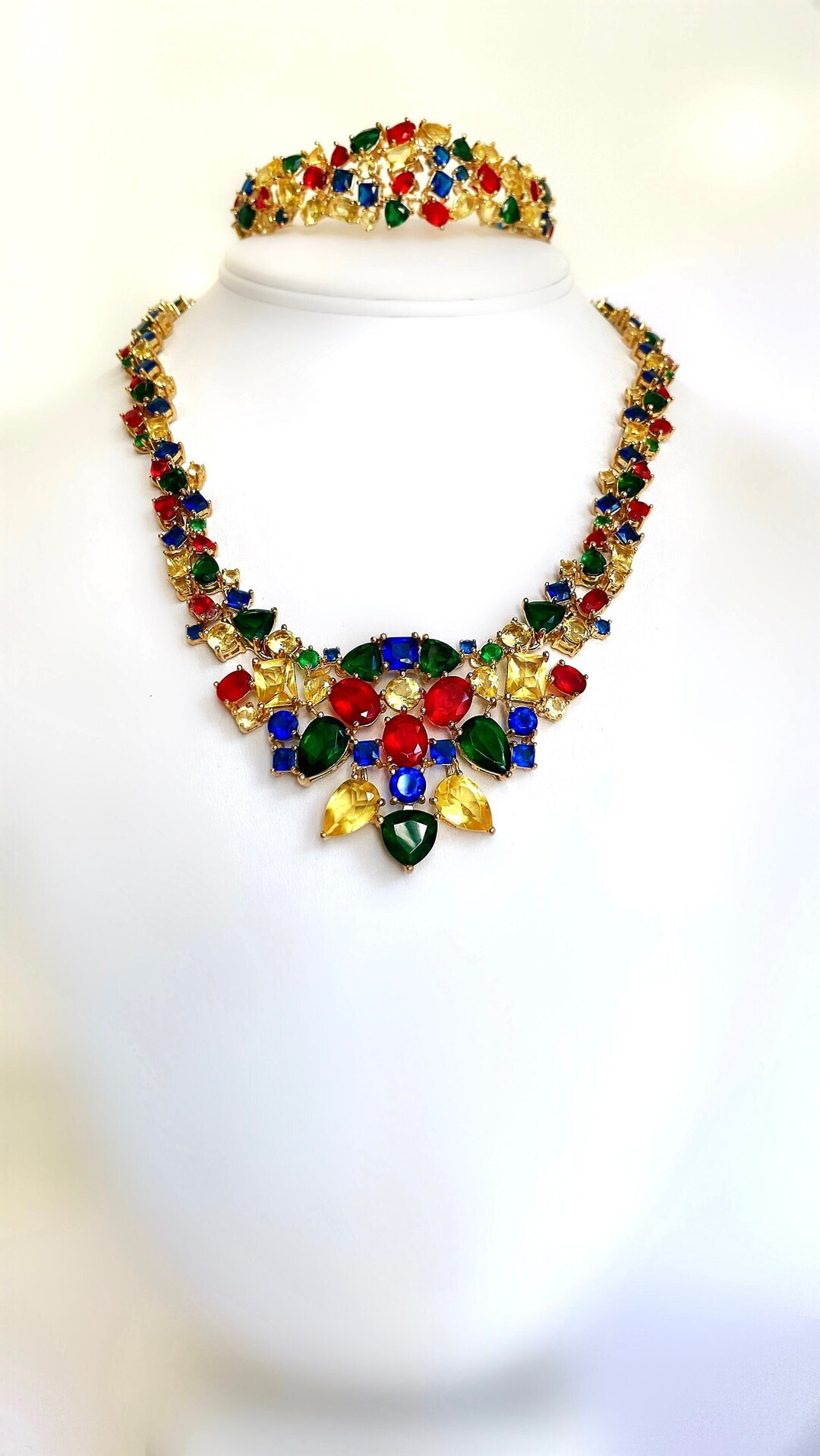 Gold Vermeil Multi Color Stone Cluster Estate Necklace & Bracelet Set ...