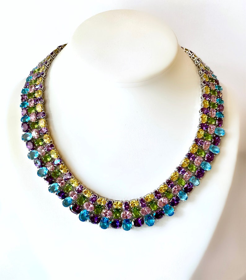 Multi Color Gemstone Formal Necklace Silver Multi Stone Estate Necklace ...