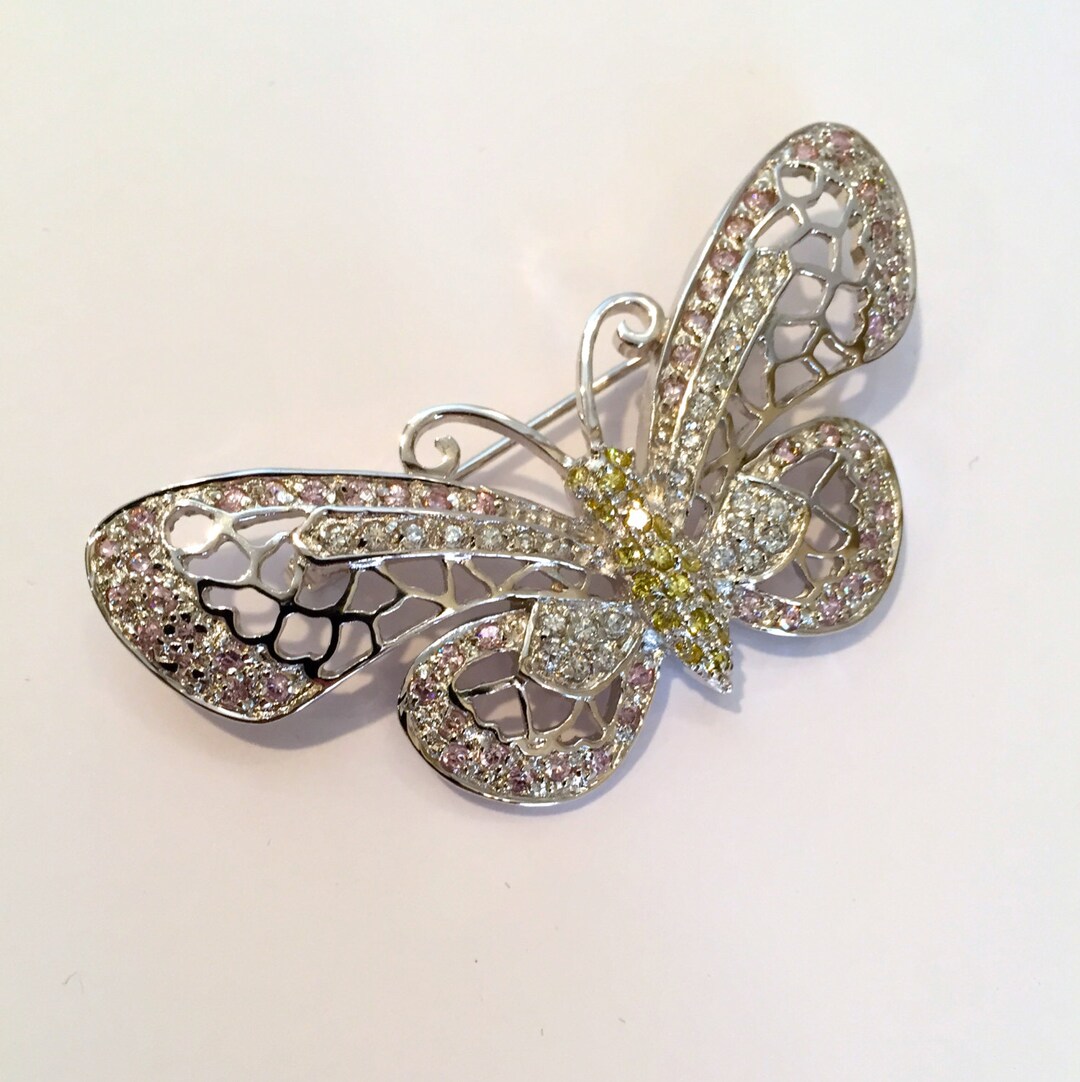 Sterling Silver Large Butterfly Brooch Pave Butterfly Citrine Pink ...